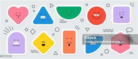 다른 얼굴 감정을 가진 벡터 기하학적 스티커 하트 삼각형 원 정사각형 마름모 직사각형과 육각형의 귀여운 만화 캐릭터 다채로운 다양한 인물 귀여운에 대한 스톡 벡터 아트 및