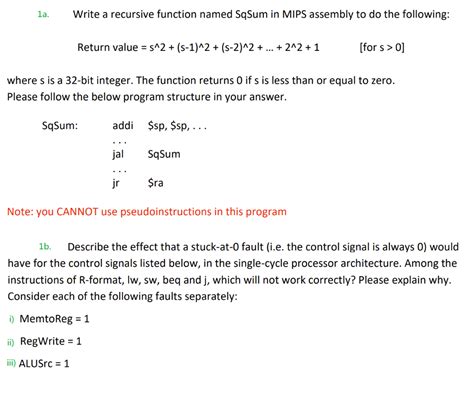La Write A Recursive Function Named Sqsum In Mips