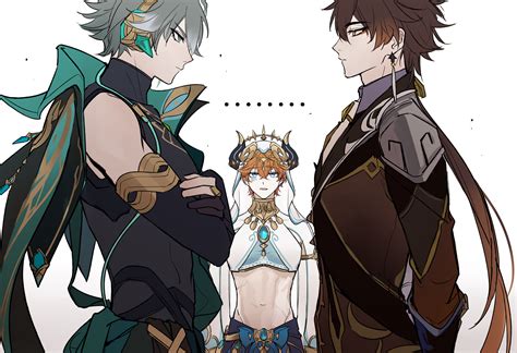 Zhongli Tartaglia Nilou And Alhaitham Genshin Impact Drawn By