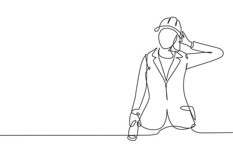 Single One Line Drawing Female Architect With Call Me Gesture And