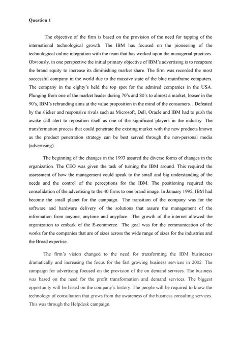IBM Case Full Three Question For Ibm Case Question 1 The Objective Of The Firm Is Based On