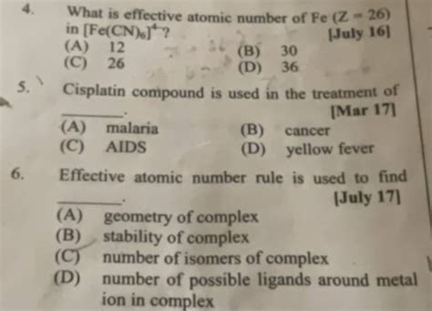 What Is Effective Atomic Number Of Fez26 In Fecn6 4 Filo