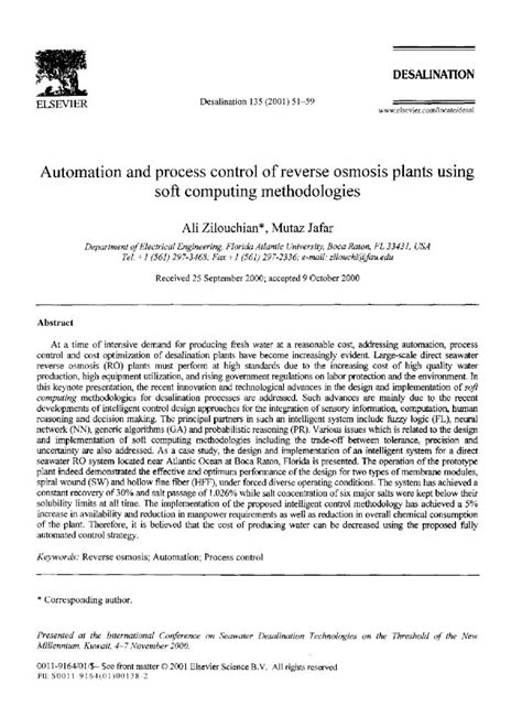 Pdf Automation And Process Control Of Reverse Osmosis Plants Using