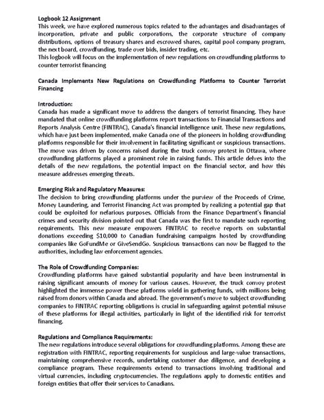 Logbook 12 Assignment Fin2055 Conestoga College Studocu