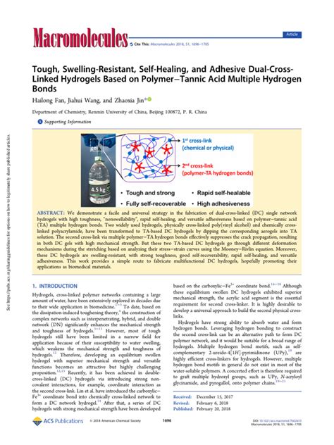 Fan Et Al 2018 Tough Swelling Resistant Self Healing And Adhesive Dual