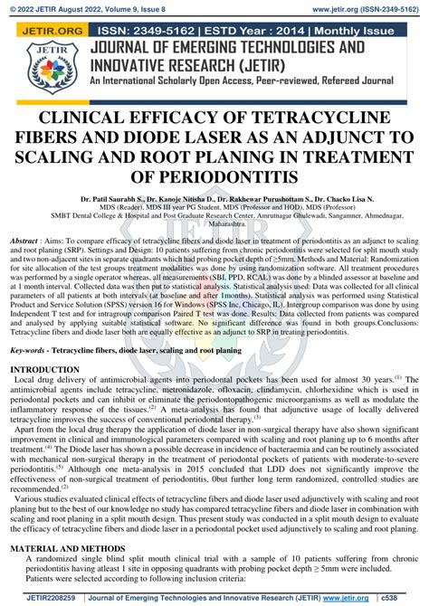 Pdf Clinical Efficacy Of Tetracycline Fibers And Diode Laser As An Adjunct To Scaling And Root