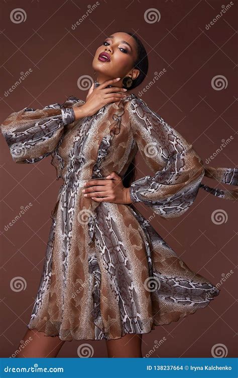 Beauty Woman Pretty Face Tan Skin Wear Animal Print Silk Dress Long