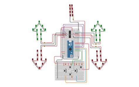 circuit design arduino nano with l293d and arrows tinkercad