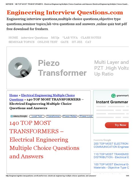 140 Top Most Transformers Electrical Engineering Multiple Choice