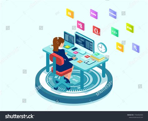 Isometric Vector Female Programmer Software Engineer Stock Vector Royalty Free