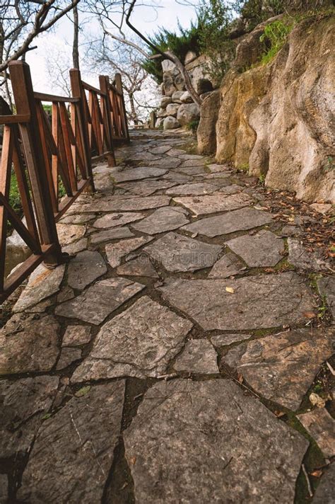 Rustic Stone Path Curves Beside Wooden Fence Stock Image Image Of