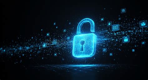 Glowing Blue Digital Padlock Is Centered Against A Dark Background Symbolizing Stock