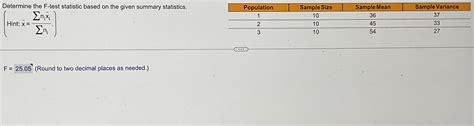 solved determine the f test statistic based on the given