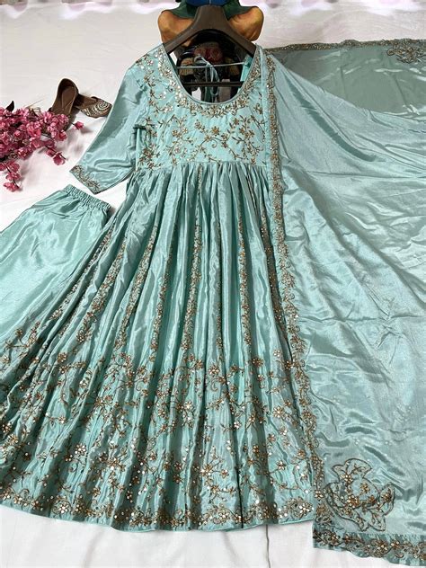 Elegant Chinon Silk Anarkali Gown Set Party Wear For Women