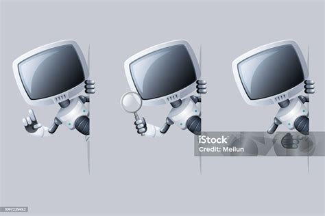 Robot Kepala Monitor Kecil Yang Lucu Melihat Keluar Sudut Membantu