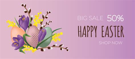 즐거운 부활절 세일 되세요 버드나무 가지 크로커스 미모사 자주색 배경에 부활절 달걀 텍스트를 추가할 수 있습니다 배너 포스터 엽서를 위한 디자인 주당순이익10 개화기에 대한