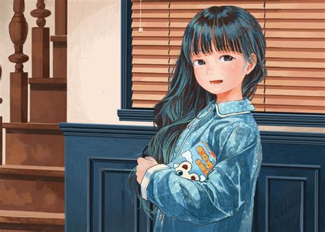 Safebooru 1girl Absurdres Black Eyes Black Hair Blue Pajamas Blunt