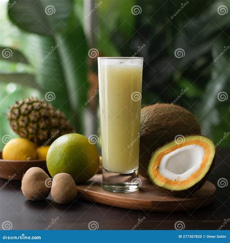 Tall Glass Of Clear And Refreshing Buko Juice With Tropical Fruits Stock Illustration