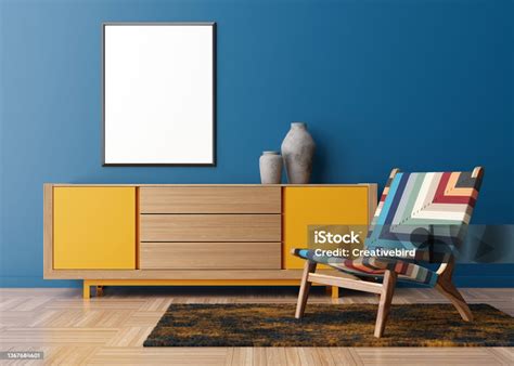 현대 거실의 파란색 벽에 빈 수직 사진 프레임 현대적인 스타일로 인테리어를 모의 그림을 위한 여유 공간 멀티 컬러 안락 의자 콘크리트 꽃병노란색 콘솔 3d 렌더링 벽에 대한