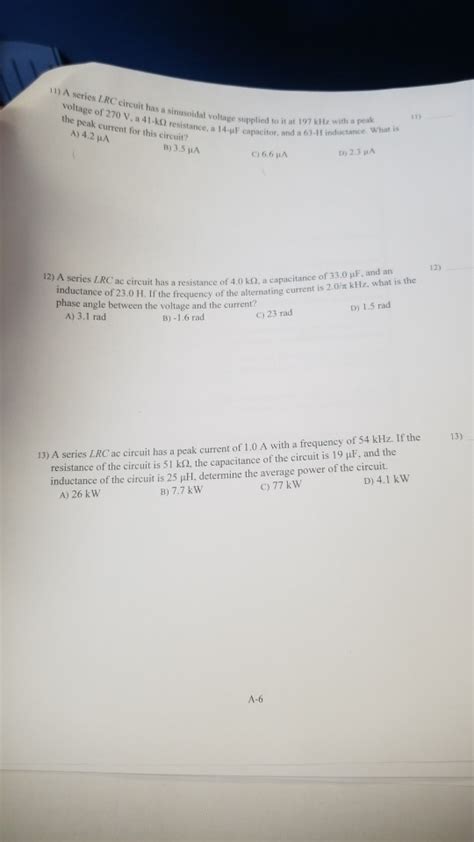 Solved A Series LRC Circuit Has A Sinusoidal Voltage Chegg