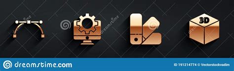 Set Bezier Curve Computer Monitor And Gear Color Palette Guide And Isometric Cube Icon With