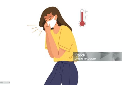 고온 온도계가 있는 얼굴 마스크로 재채기 또는 기침을 하는 젊은 아픈 여성 감기와 독감에 대한 스톡 벡터 아트 및 기타 이미지