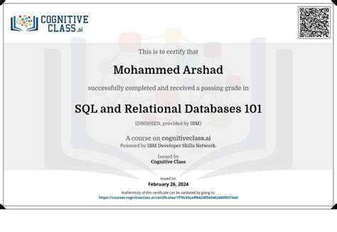 completed sql and relational databases course mohammed arshad posted on