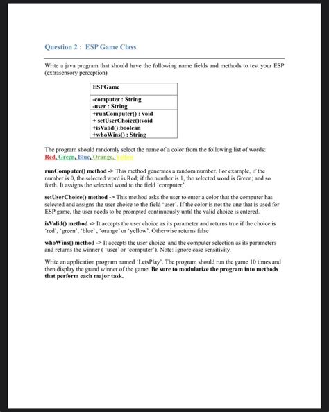Solved Question 2 Esp Game Class Write A Java Program That