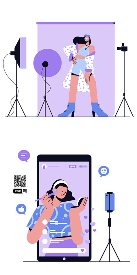 直播卡通简笔画人物网红ai矢量素材：