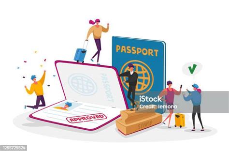 캐릭터는 승인 된 비자를 받습니다 여행자와 관광객 은 국가를 떠나 해외 여행에 대한 문서를 만드는 외국 및 원주민 여권 여행