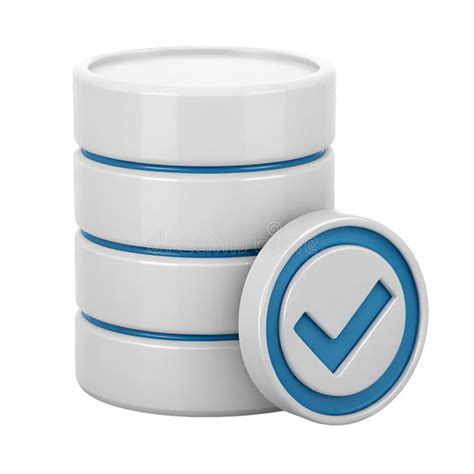 White Database Stack With Blue Checkmark Icon 3 D Render Stock