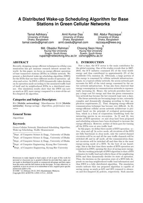 Pdf A Distributed Wake Up Scheduling Algorithm For Base Stations In