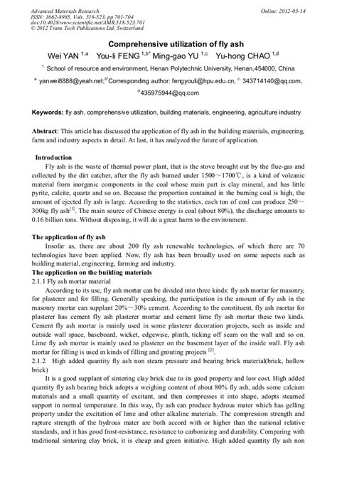 Comprehensive Utilization Of Fly Ash Scientific Net