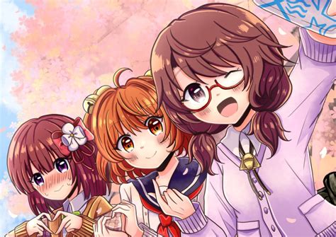 Safebooru 3girls Ahoge Bow Bowtie Brown Hair Cellphone Cherry