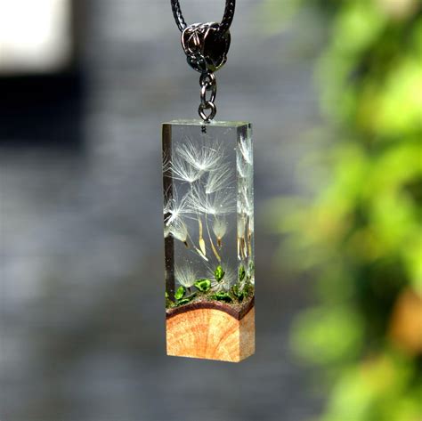 Wood Resin Pendant Necklace Epoxy Resin Art Jewelry Dandelion Wish