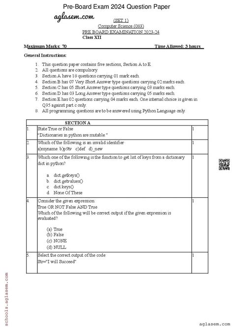 Class 12 Computer Science Pre Board Question Paper 2025 Download Pre Board Pyqp Pdf Aglasem