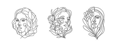 잎과 꽃과 연속 라인 아트 여성 얼굴의 세트 트렌디한 패션 스타일의 라인에서 미니멀한 여성 초상화의 현대적인 세트 여성의 벡터 초상화 프린트가 있는 티셔츠 0명에 대한 스톡