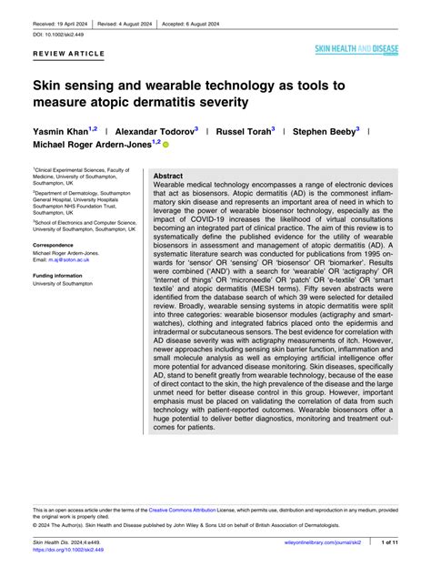Pdf Skin Sensing And Wearable Technology As Tools To Measure Atopic Dermatitis Severity