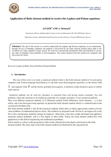 Pdf Application Of Finite Element Method To Resolve The Laplace And Poison Equations