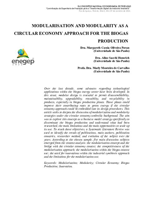 Pdf Modularisation And Modularity As A Circular Economy Approach For The Biogas Production