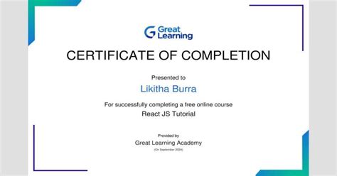 React Js Tutorial Course Completion Certificate For Likitha Burra