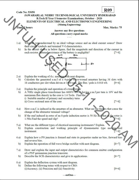 Jntuh Btech Elements Of Electrical And Electronics Engineering October 2020 Question Paper