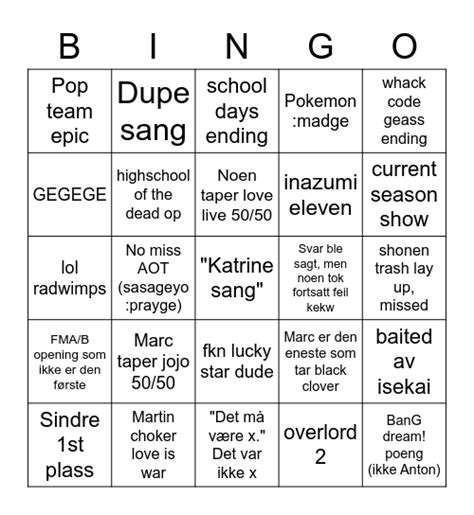 Amq Bingo Card