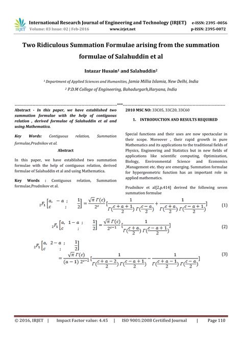 Two Ridiculous Summation Formulae Arising From The Summation Formulae Of Salahuddin Et Al Pdf