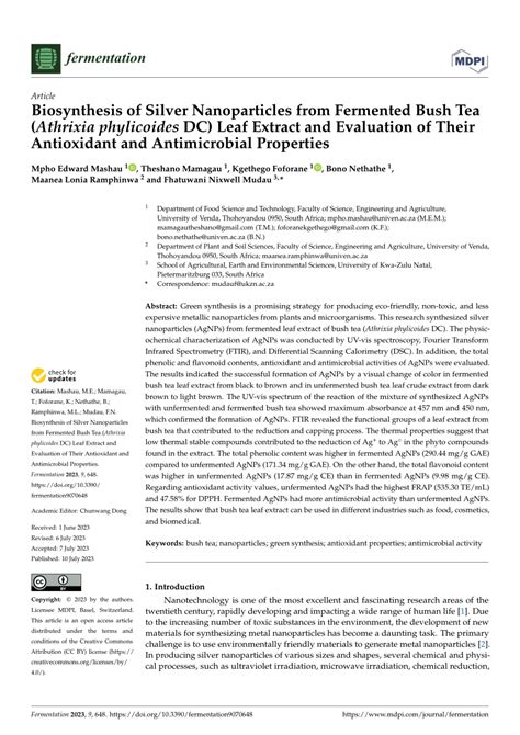 Pdf Biosynthesis Of Silver Nanoparticles From Fermented Bush Tea