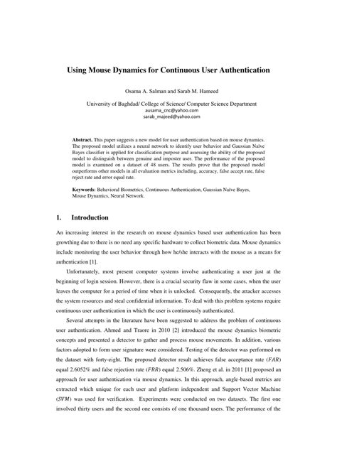 Pdf Using Mouse Dynamics For Continuous User Authentication Volume 1