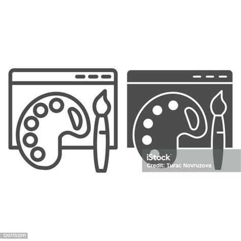 브러시 페인트 브라우저 라인과 단색 아이콘 그리기 팔레트와 브러시가 있는 웹 페이지입니다 멀티미디어 벡터 디자인 개념 흰색 배경에 윤곽 스타일 그림 웹 및 응용 프로그램에