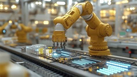 Yellow Robotic Arm Assembling Circuit Components Precisely Stock