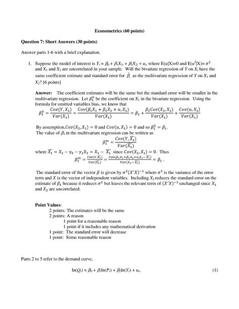 Honors Exam Econometrics With Answers Econometrics Points Question Short Answers