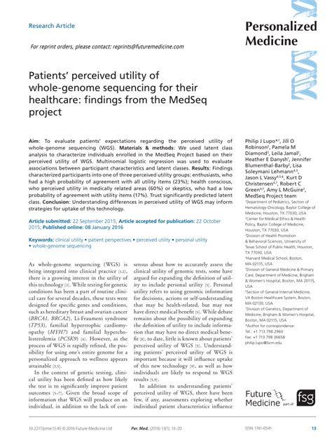 Pdf Patients Perceived Utility Of Whole Genome Sequencing For Their